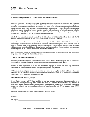 Fillable Online Acknowledgement of Conditions of Employment - hrbyuhedu ...