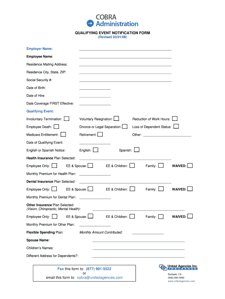 Fillable Online QUALIFYING EVENT NOTIFICATION FORM Revised 030109 Fax ...