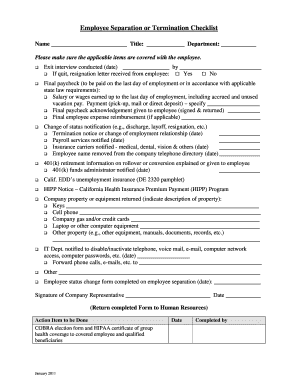 Fillable Online Employee Separation or Termination Checklist Fax Email ...