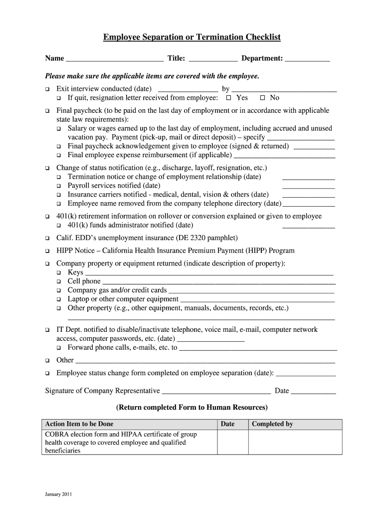 Fillable Online Employee Separation or Termination Checklist Fax Email ...