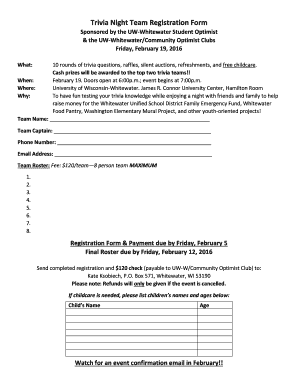 Fillable Online Trivia Night Team Registration Form Fax Email Print ...