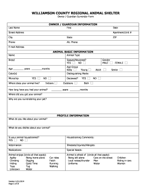 Fillable Online Owner surrender form - Williamson County Animal Shelter ...