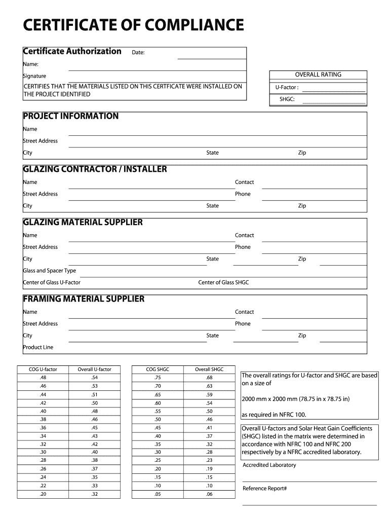 Fillable Online CERTIFICATE OF COMPLIANCE Certificate Authorization Date: Name: OVERALL RATING ...