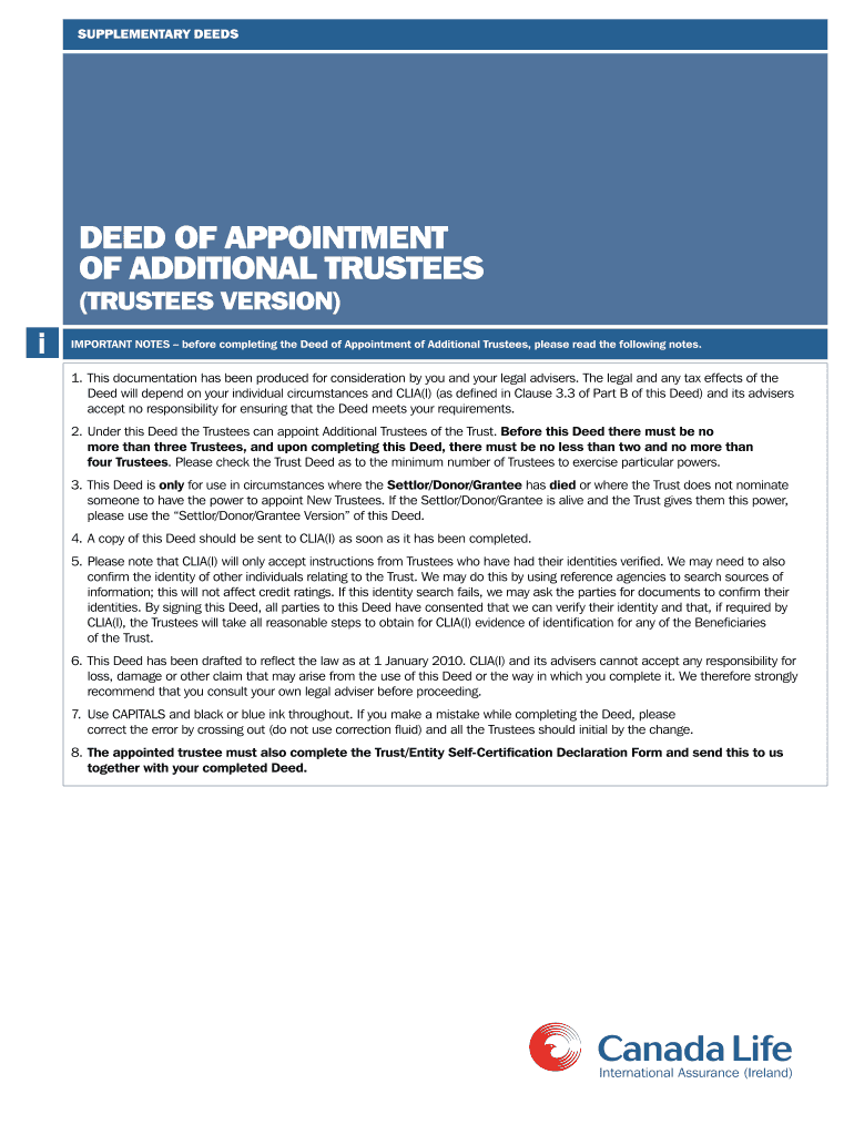 Fillable Online cli-ie-adviser canadalife co Deed of appointment of ...