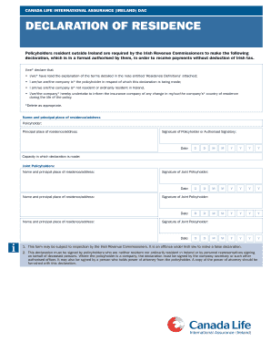 Fillable Online cli-ie-adviser canadalife co Declaration of Residence ...