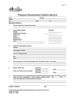 Fillable Online villages Physical Examination Health Record - The ...