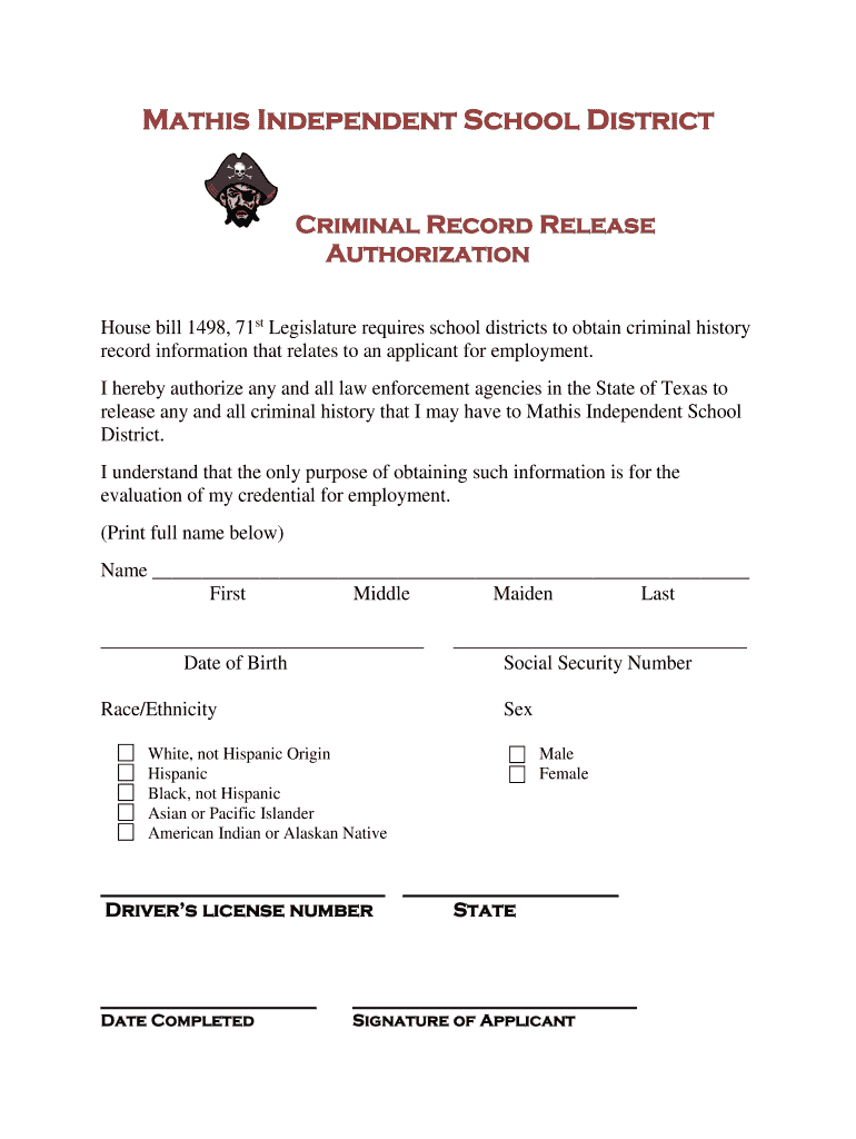Fillable Online mathisisd Mathis Independent School District Criminal Record Release ... Fax ...