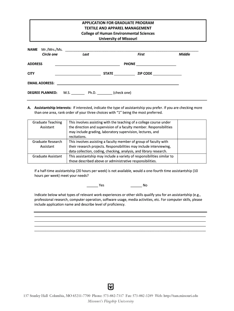 Fillable Online tam missouri TAM Graduate Application Form 1 page Rev ...