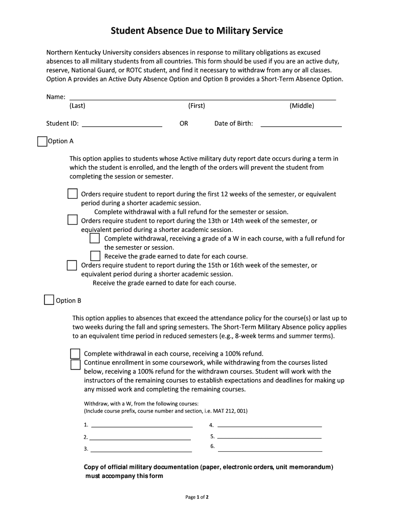 Fillable Online veterans nku 2015 05 13 Student Absence Due to Military ...