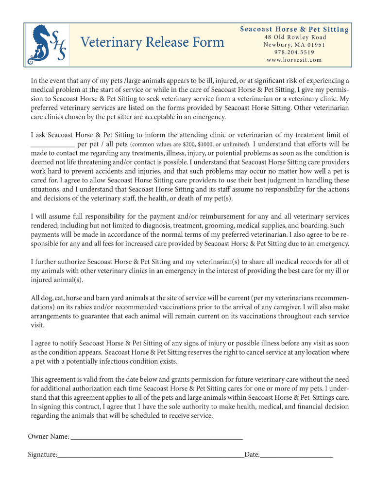 Fillable Online Veterinary Release Form - Seacoast Horse amp bPet ...