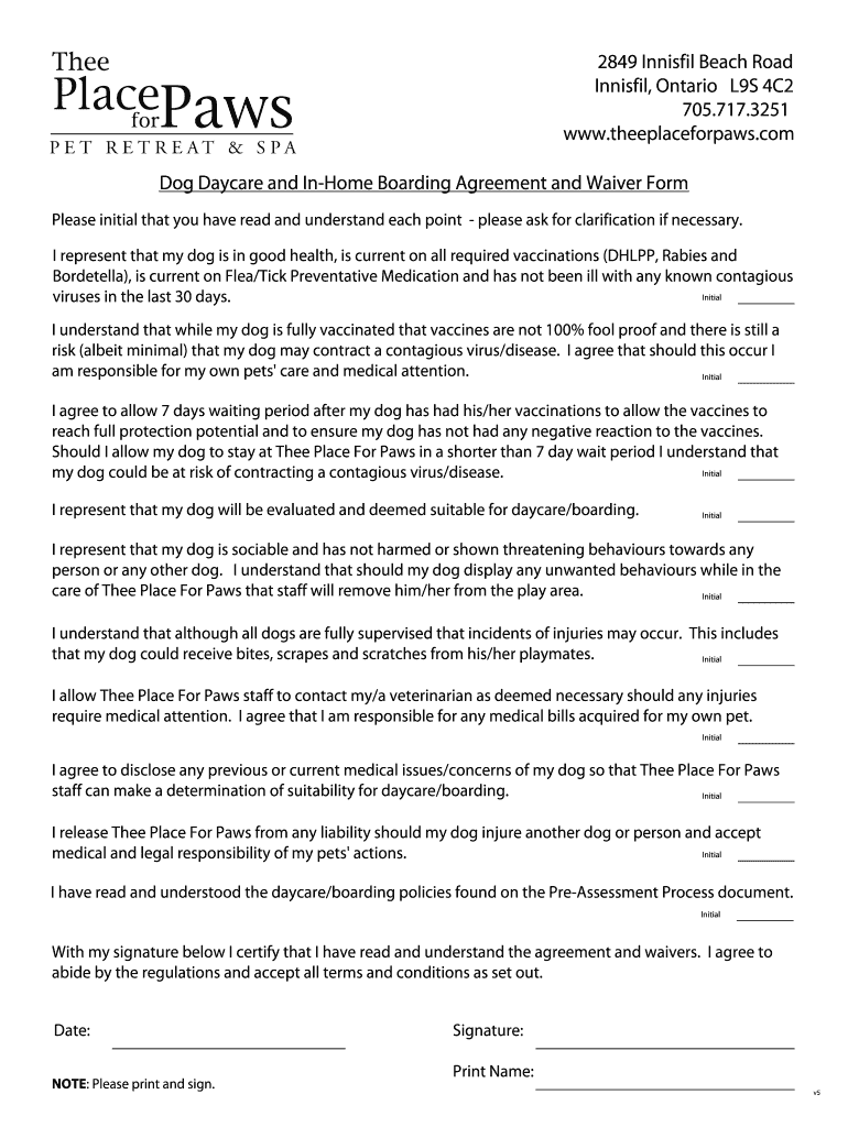 Fillable Online Waiver Form - Thee Place For Paws Fax Email Print ...