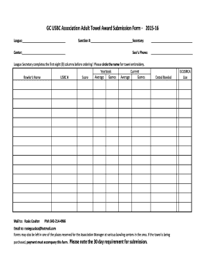 Fillable Online bowlcharleston GC USBC Association Adult Towel Award ...