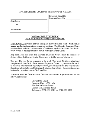 Fillable Online MOTION FOR STAY FORM FOR PARTIES WITHOUT ATTORNEYS Fax ...