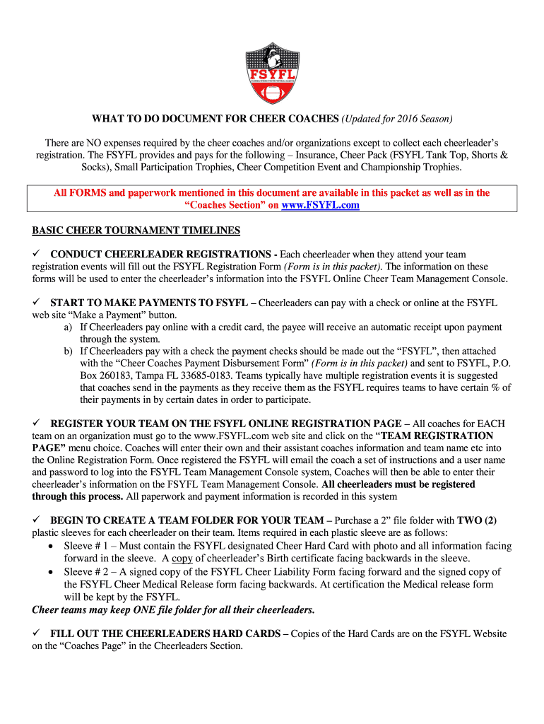 Fillable Online WHAT TO DO DOCUMENT FOR CHEER COACHES wwwbFSYFLb Fax ...