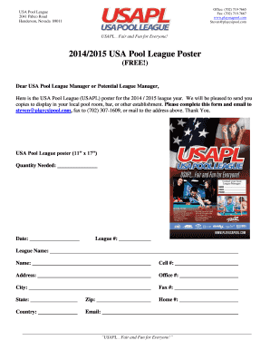 Fillable Online 20142015 USA Pool League Poster - playcsipoolcom Fax ...