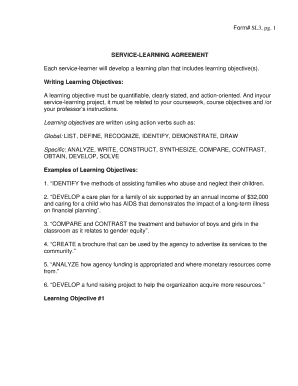 Fillable Online SERVICE-LEARNING AGREEMENT Writing Learning Objectives ...