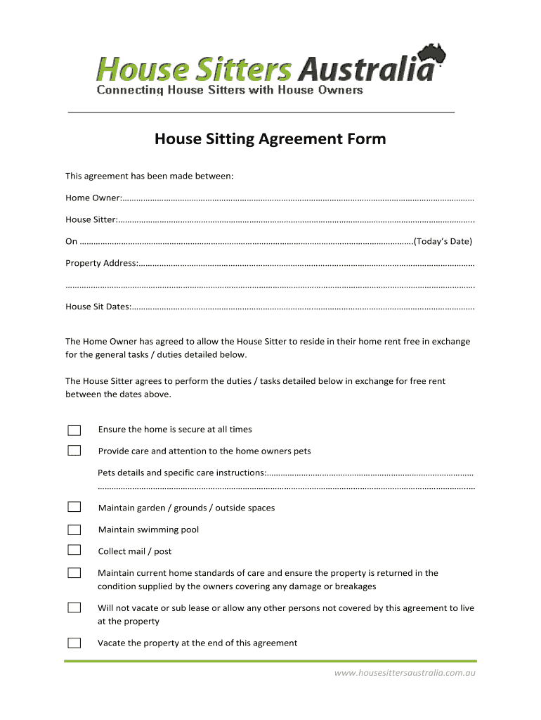 Fillable Online House bSitting Agreementb Form - House bSittersb ...