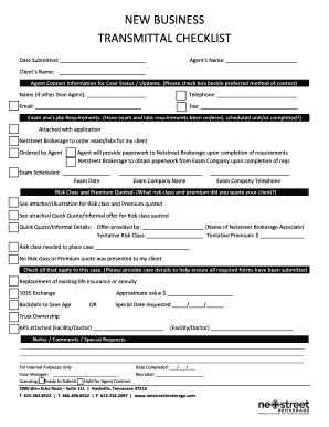 Fillable Online NEW BUSINESS TRANSMITTAL CHECKLIST - Netstreet ...