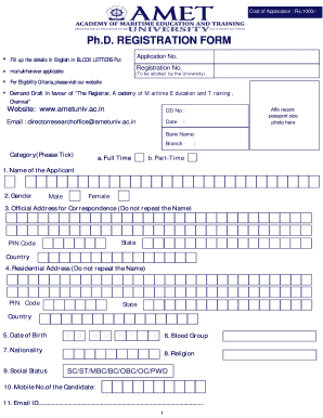 Fillable Online PhD REGISTRATION FORM - AMET University Fax Email Print ...