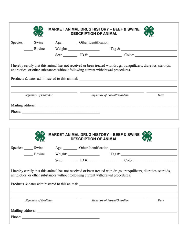 Fillable Online walworth uwex MARKET ANIMAL DRUG HISTORY BEEF SWINE ...