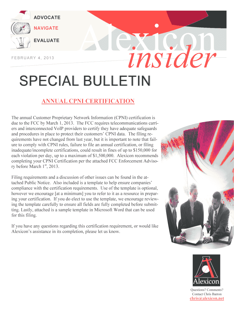 Fillable Online alexicon Special Bulletin-CPNI Certification - Alexicon ...