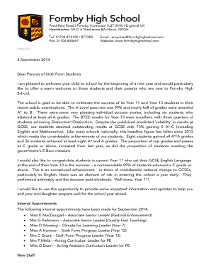 Fillable Online Headteacher Start of Year letter to Sixth Form parents ...
