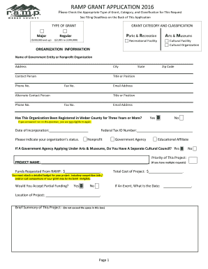 Fillable Online RAMP GRANT APPLICATION 2016 Please Check the Appropriate Type of Grant, Category ...