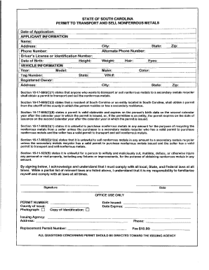 Fillable Online STATE OF SOUTH CAROLINA PERMIT TO TRANSPORT AND ... Fax ...