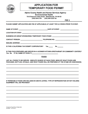 Fillable Online alpinecountyca Temporary Food Permit Application ...