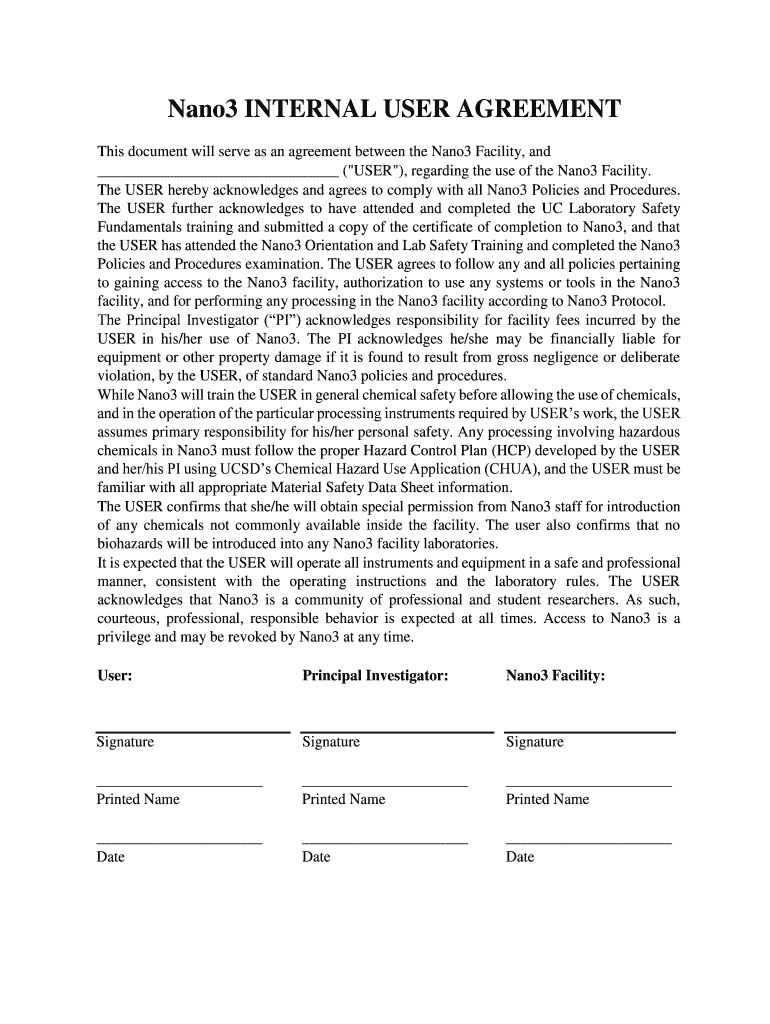 Fillable Online nano3 calit2 Nano3 INTERNAL USER AGREEMENT - Nano3 ...