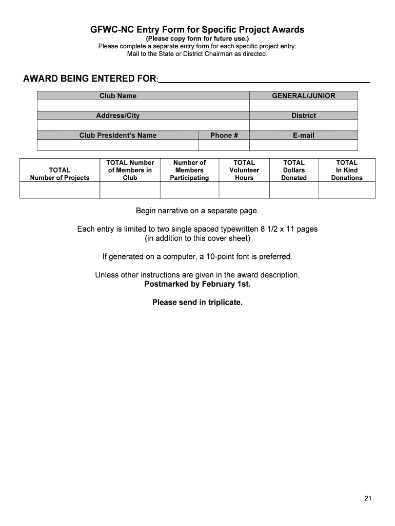 Fillable Online gfwcnc Please complete a separate entry form for each ...