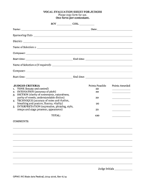 Fillable Online gfwcnc VOCAL EVALUATION SHEET FOR JUDGES Please copy ...