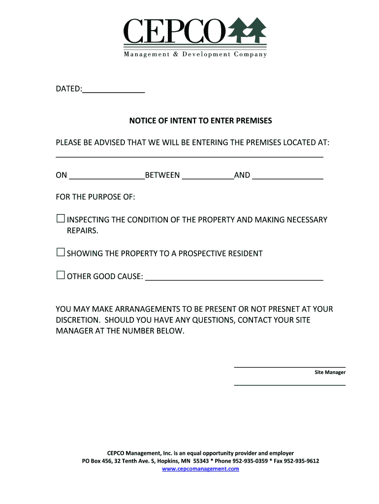 Fillable Online NOTICE OF INTENT TO ENTER PREMISES - Cepco Management ...