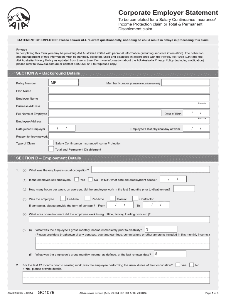 Fillable Online AIA GSC/TPD Employer Claim Form - Australian Group ...