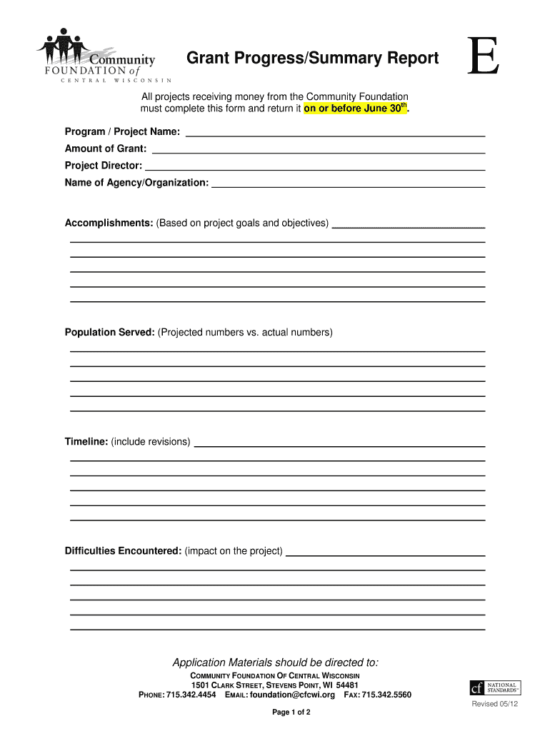 Fillable Online cfcwi Grant ProgressSummary Report - bcfcwibborgb Fax ...