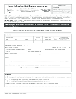 Fillable Online avalonschools Home Schooling Notification MCPS Use Only ...