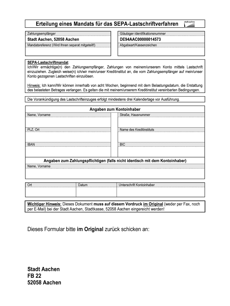 Ausfüllbar Online aachen Erteilung eines Mandats fr das SEPA ...