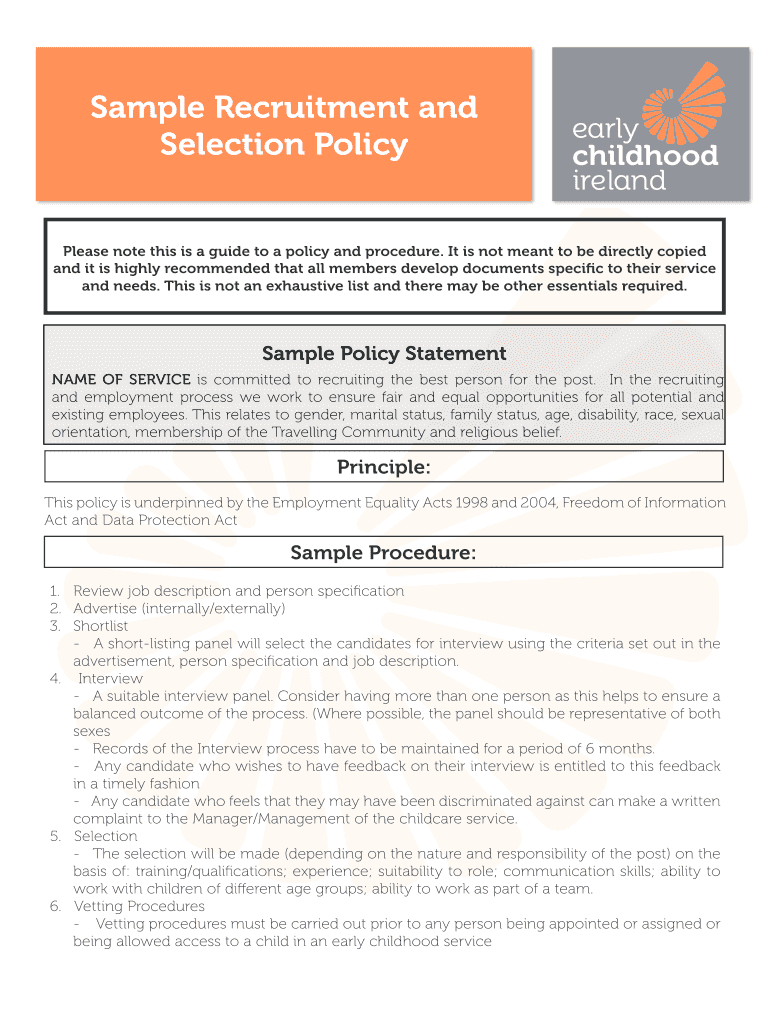 Fillable Online Sample Recruitment and Selection Policy - Early ...