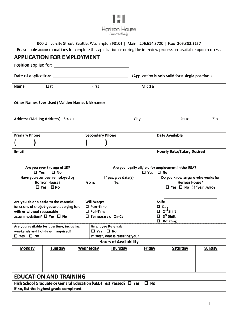 Fillable Online horizonhouse APPLICATION FOR EMPLOYMENT EDUCATION ...