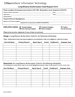 Fillable Online it umass Long Distance Authorization Code Request Form ...