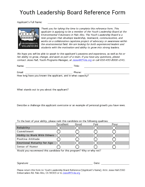Fillable Online evols Youth Leadership Board Reference Form - evolsorg ...