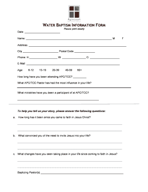Fillable Online Water Baptism Information Form - bapchurchbbcomb Fax ...