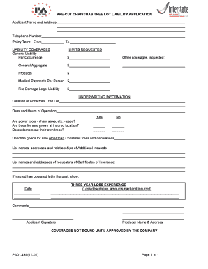 Fillable Online PRE-CUT CHRISTMAS TREE LOT LIABILITY APPLICATION Fax ...