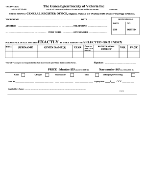 Fillable Online GRO Order Form - Genealogical Society of Victoria Fax ...