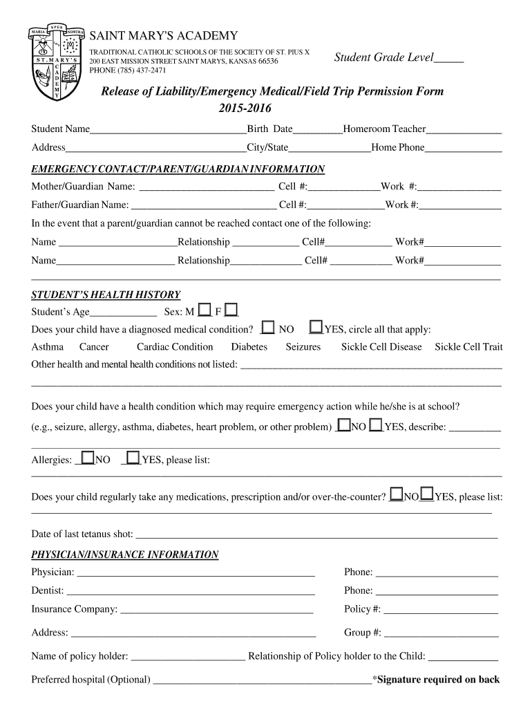 Fillable Online Annual Field Trip Release/Emergency Medical Form Fax ...
