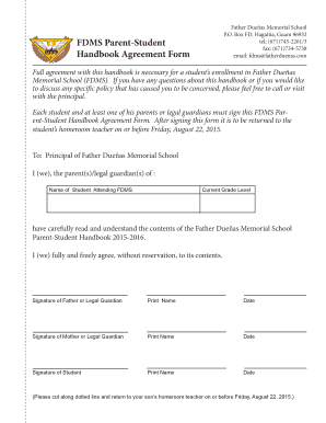 Fillable Online FDMS Parent-Student Handbook Agreement Form Fax Email ...