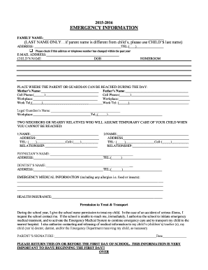 Fillable Online 2015-2016 EMERGENCY INFORMATION Fax Email Print - pdfFiller
