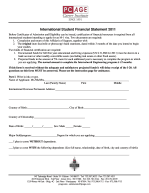 Fillable Online pcage International Student Financial Statement 2011 ...