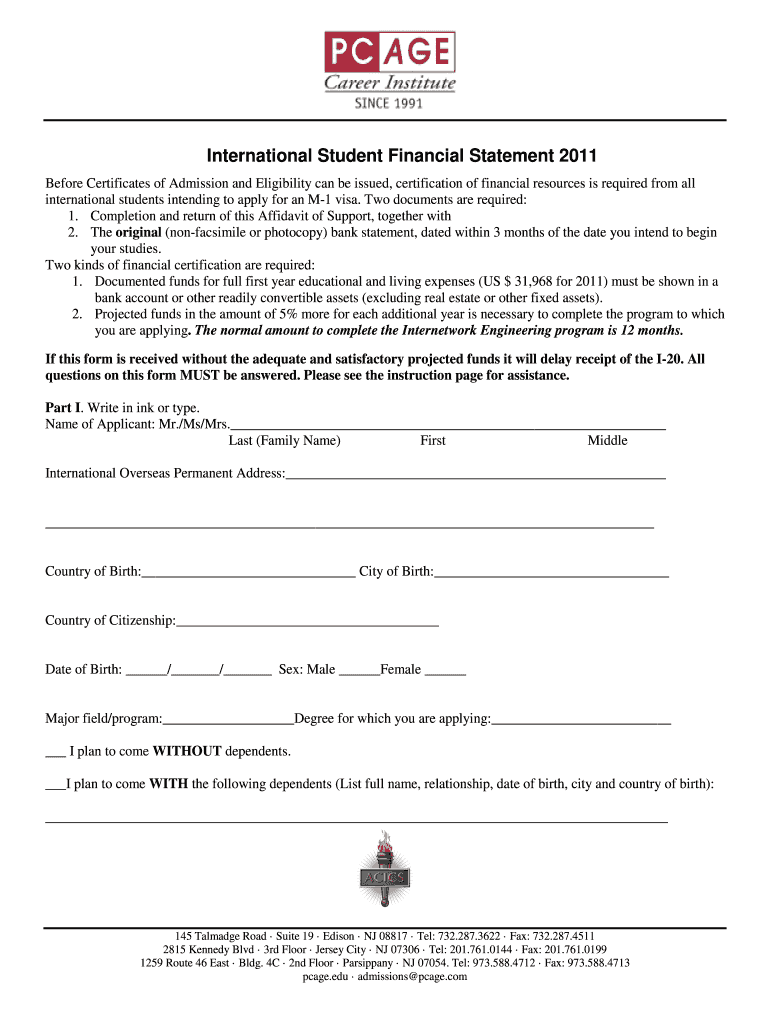 Fillable Online pcage International Student Financial Statement 2011 ...