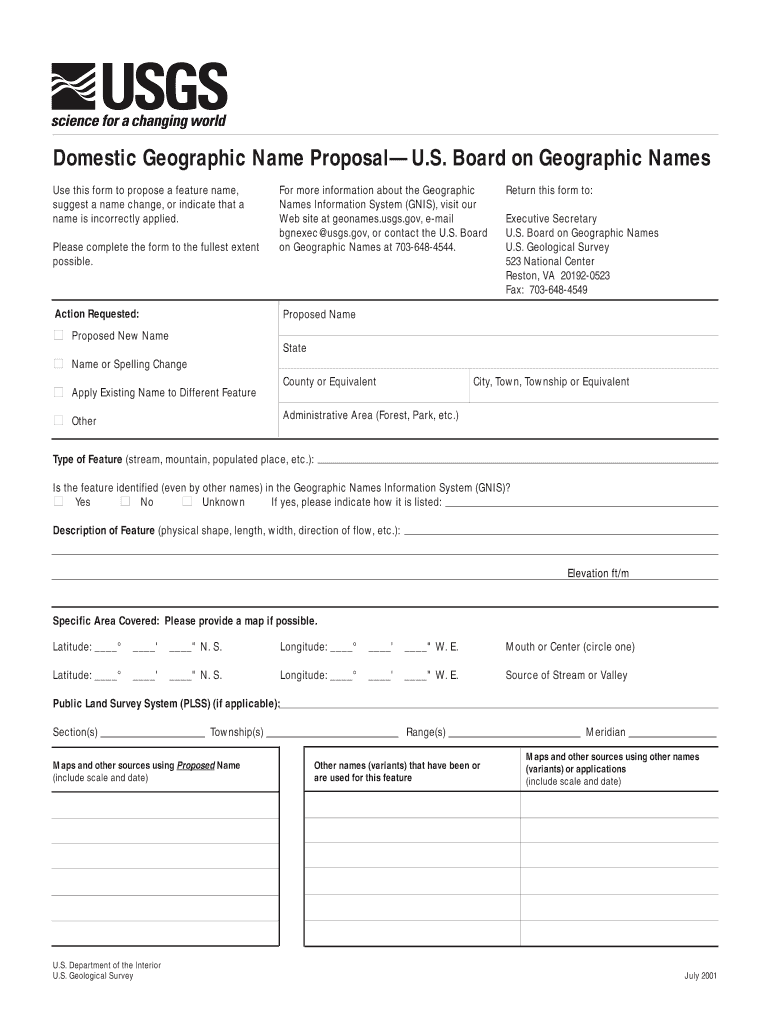 Fillable Online egsc usgs Domestic Geographic Name ProposalUS Board on ...